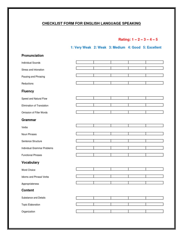 Checklist Form For English Language Speaking | PDF