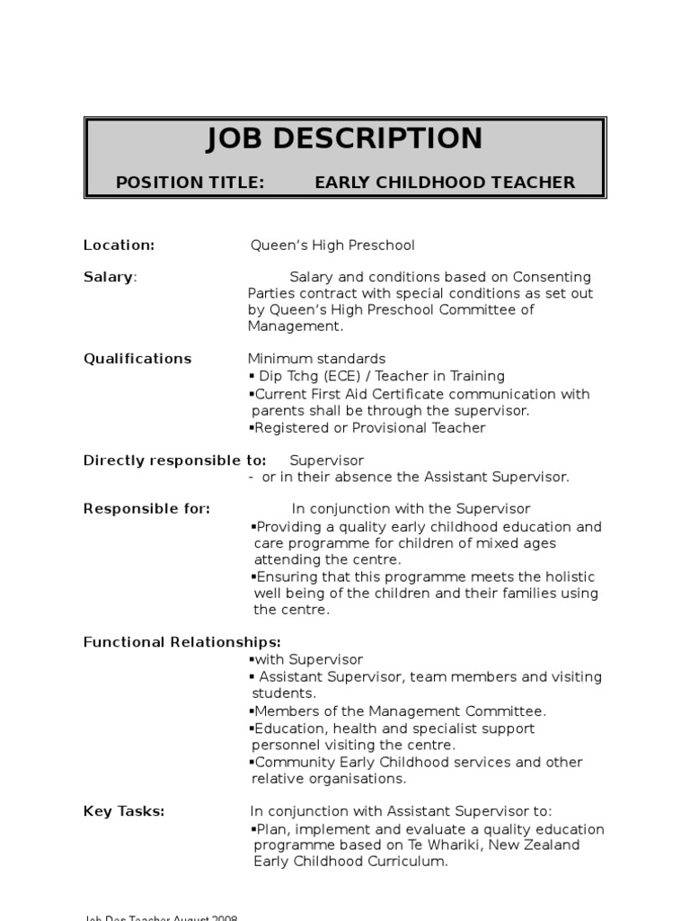 Early Childhood Teacher Job Description | PDF | Early Childhood ...