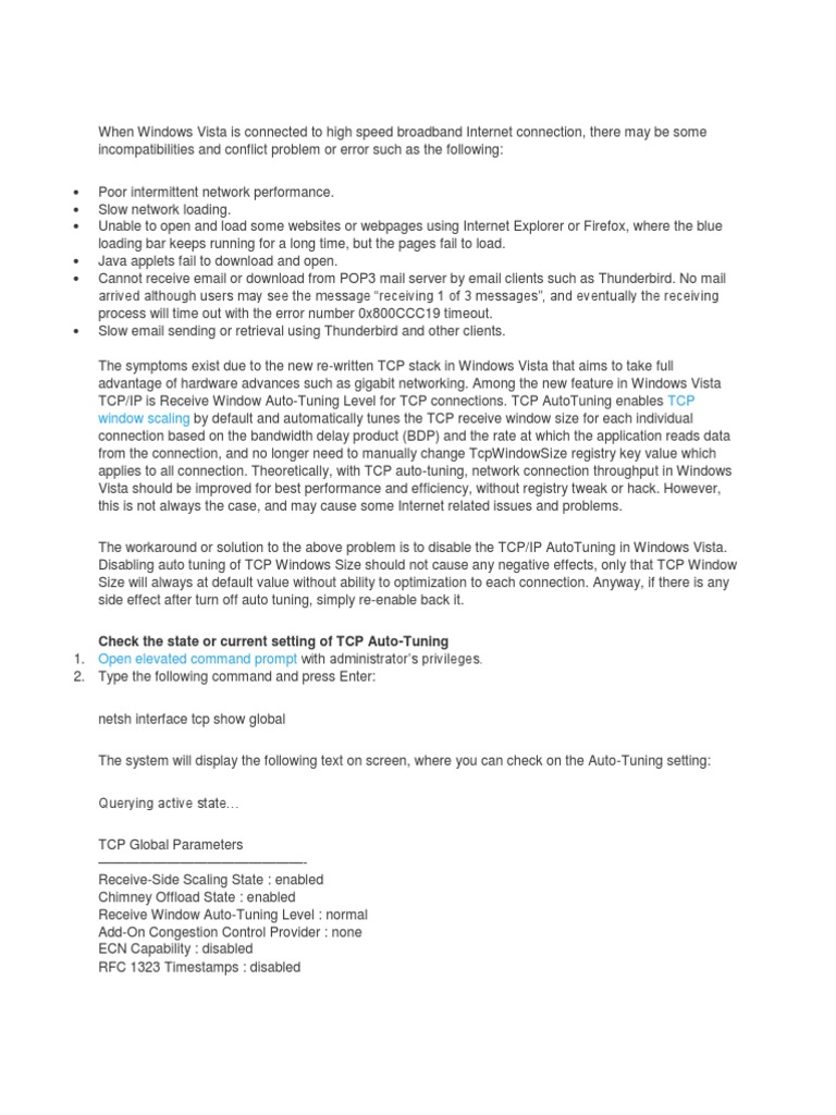 Disabling TCP Auto-Tuning in Windows Vista | PDF | Transmission Control ...