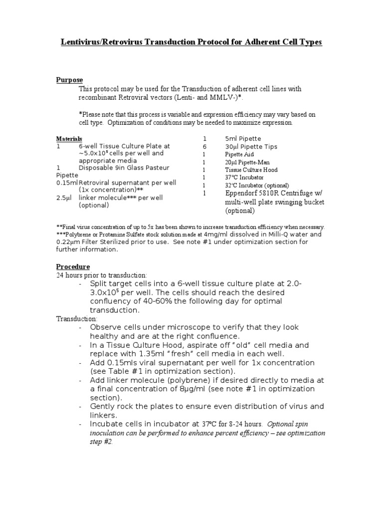Lentivirus/Retrovirus Transduction Protocol For Adherent Cell Types ...