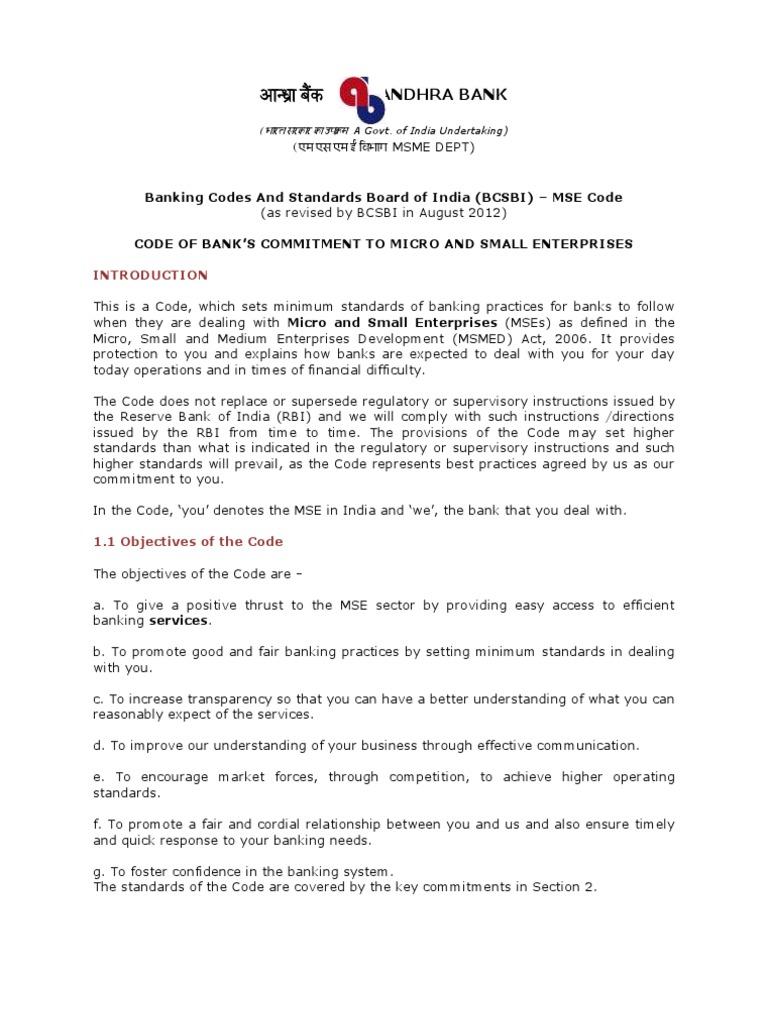 Andhra Bank: Banking Codes and Standards Board of India (BCSBI) - MSE ...