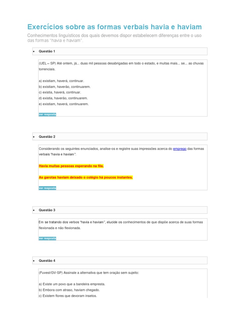 Exercícios Sobre As Formas Verbais Havia e Haviam | PDF | Assunto ...