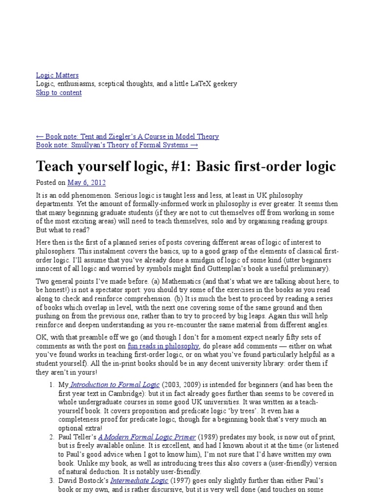 Teach Yourself Logic, #1: Basic First-Order Logic: Logic Matters Skip ...