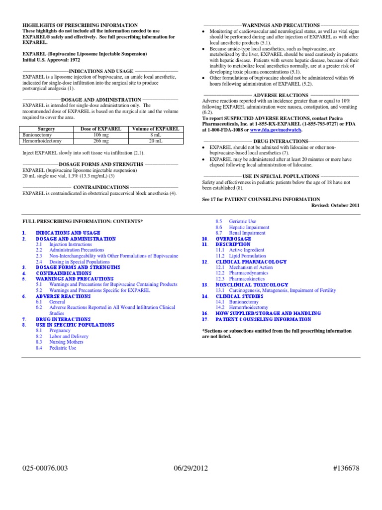 EXPAREL Prescribing Information | Anesthesia | Pharmacokinetics