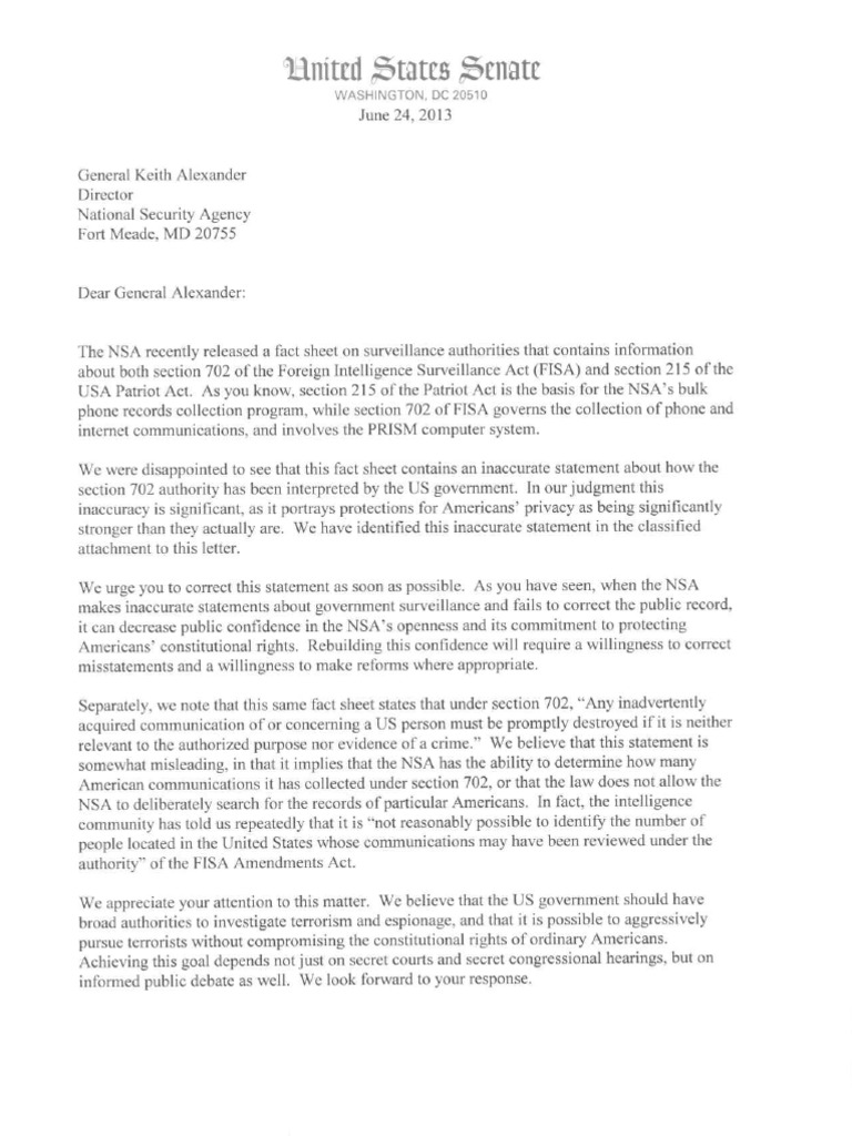 Wyden and Udall Letter To General Alexander On NSA's Section 702 Fact ...