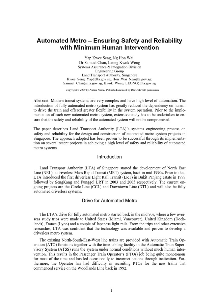 Automated Metro - Ensuring Safety and Reliability With Minimum Human ...