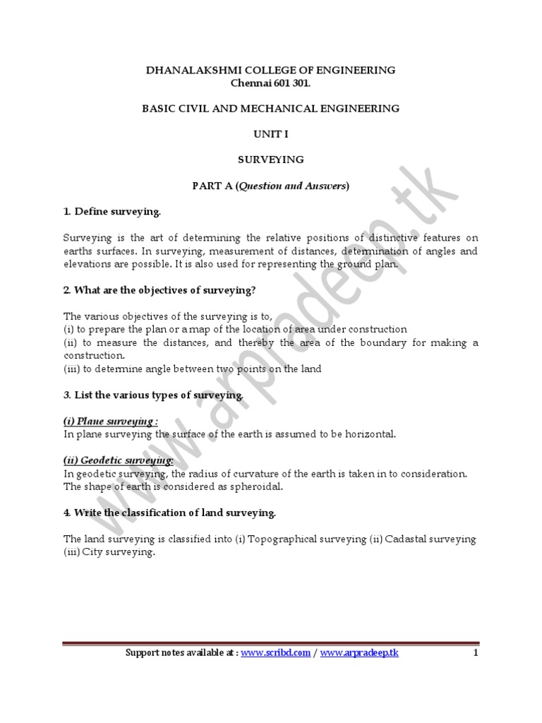 Basic Civil and Mechanical Engineering Unit 1 Surveying and Levelling ...