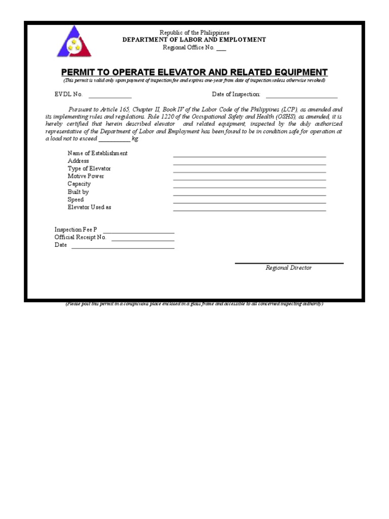 Permit To Operate Elevator and Related Equipment: Republic of The ...