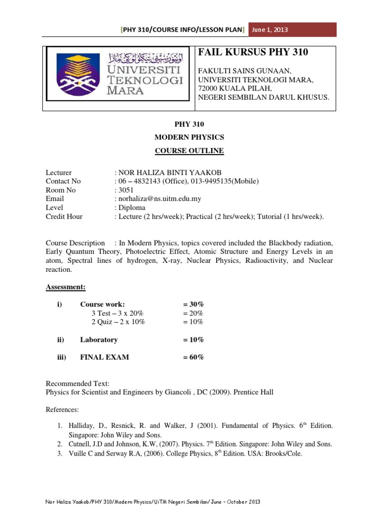Course Info Lesson Plan PHY 310 Uitm | PDF | Nuclear Physics | Photoelectric Effect
