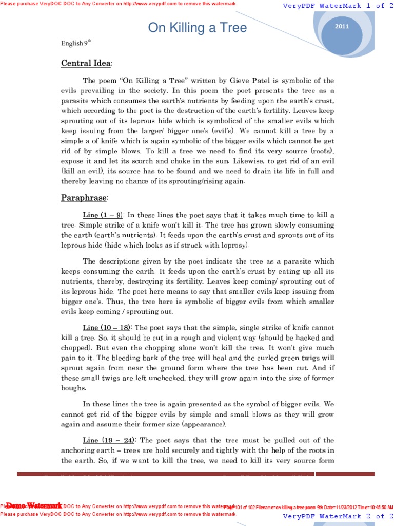 On Killing A Tree Poem 9th | PDF | Trees | Nature