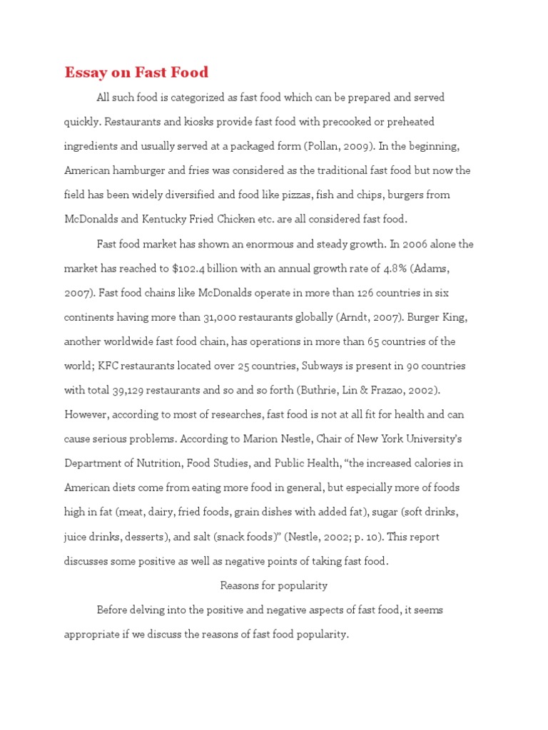 Essay On Fast Food | PDF | Fast Food | Fast Food Restaurants