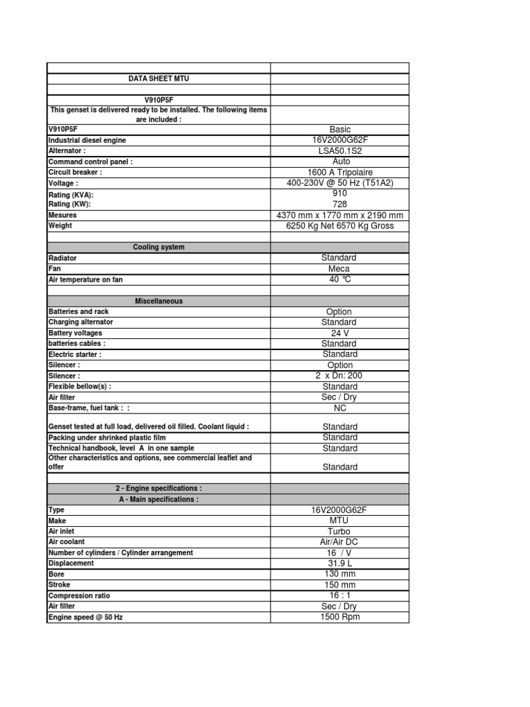 920 KVA Data Sheet | PDF | Engine Technology | Electrical Engineering