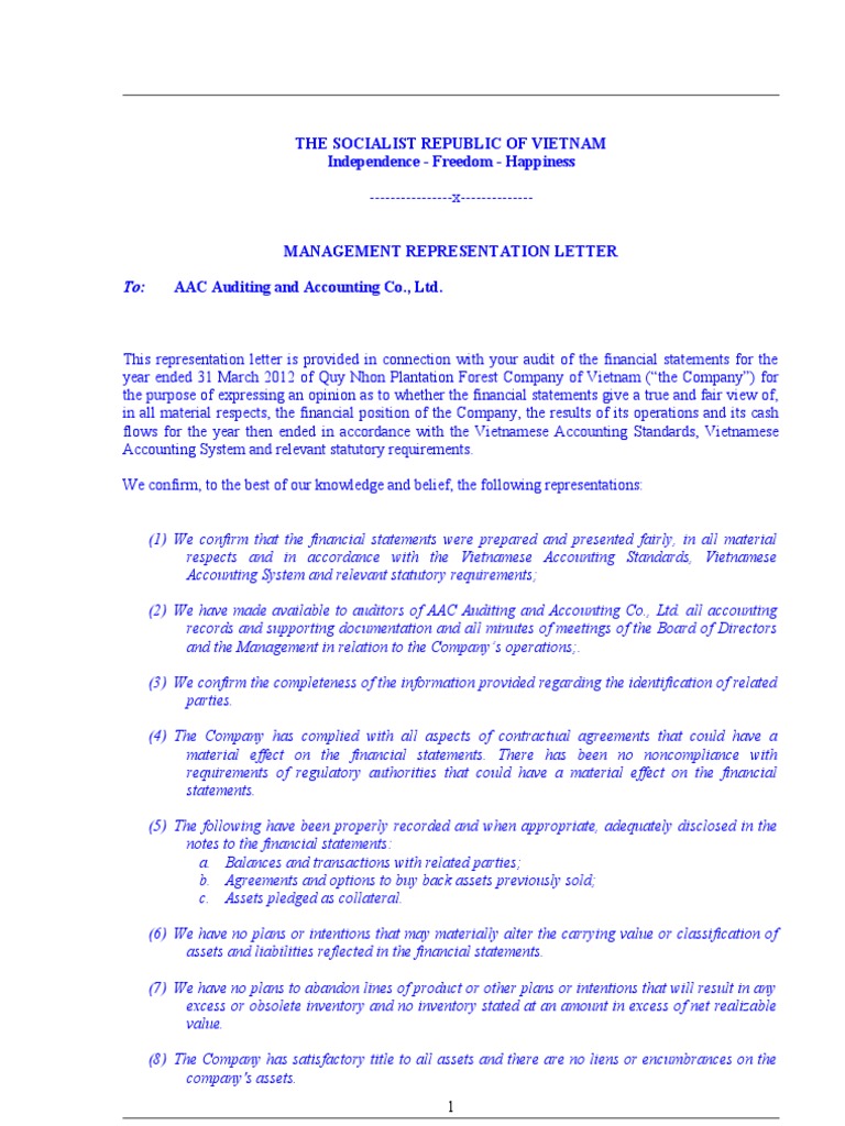 Management Representation Letter 2012 | PDF | Financial Statement | Audit