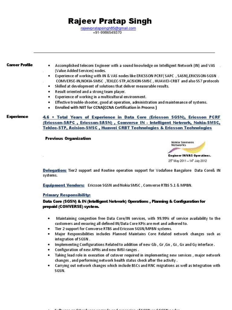 RESUME-Rajeev Pratap Singh PDF | PDF | Ericsson | Network Switch