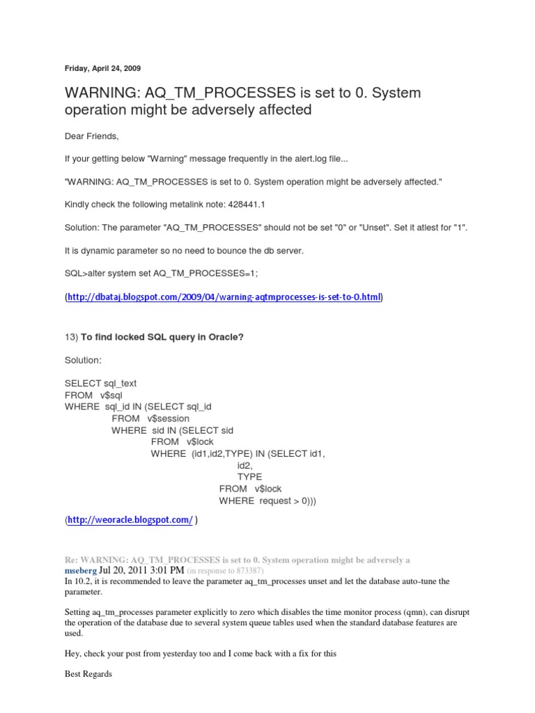 Aq TM Process in Oracle Initialization Parameter File | PDF | Oracle Database | Parameter ...