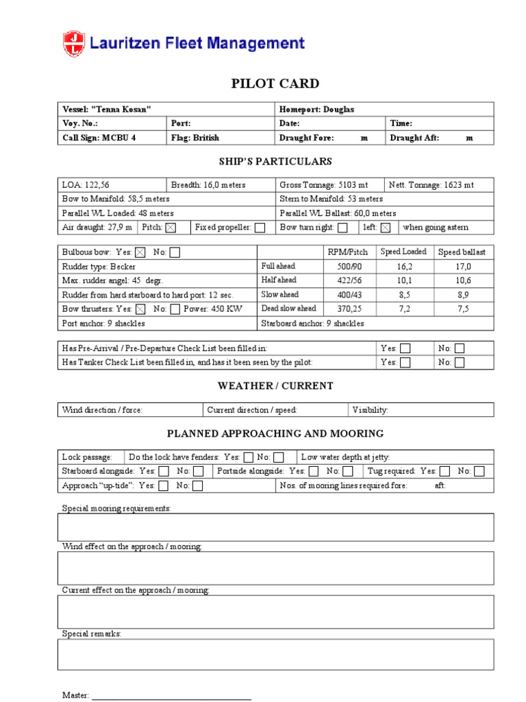 Pilot Card for Tenna Kosan Ship | PDF