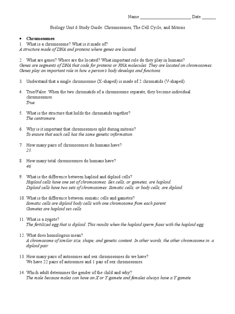 Biology Unit 6 Study Guide Answers | PDF | Mitosis | Chromosome