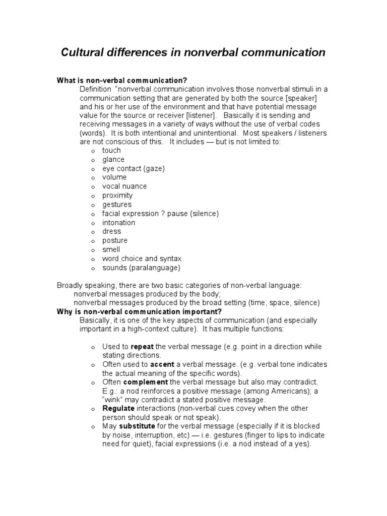 Cultural Nonverbal Communication Guide | PDF | Nonverbal Communication ...