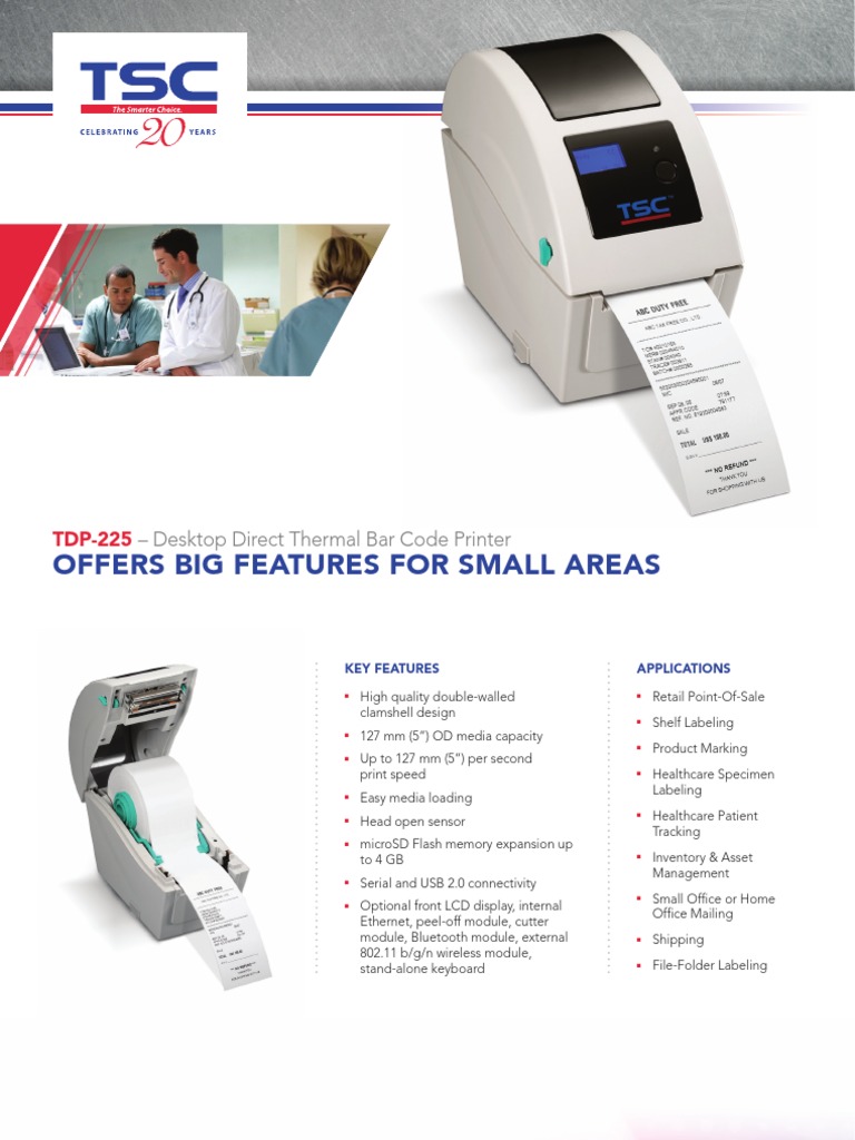 TSC TDP-225 Desktop Barcode Printer Brochure | PDF | Barcode | Printer (Computing)