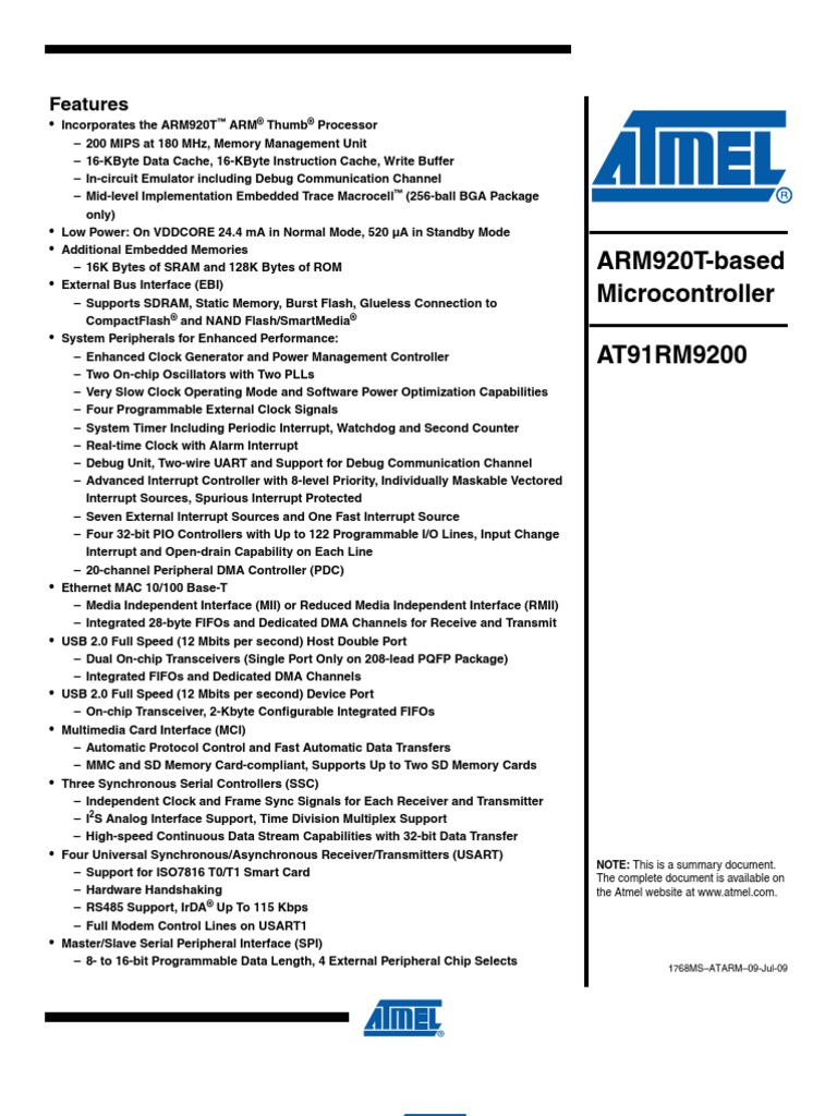 ARM920T-based Microcontroller AT91RM9200: Features | PDF | Random Access Memory | Usb