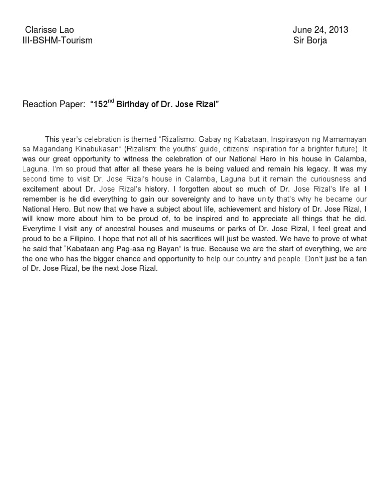 Reaction Paper - Rizal | PDF | Philippines Reaction Paper - Rizal | PDF | Philippines