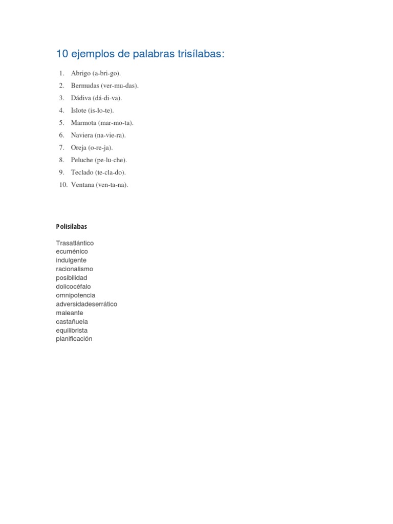 Ejemplos de palabras trisílabas y polisílabas | PDF