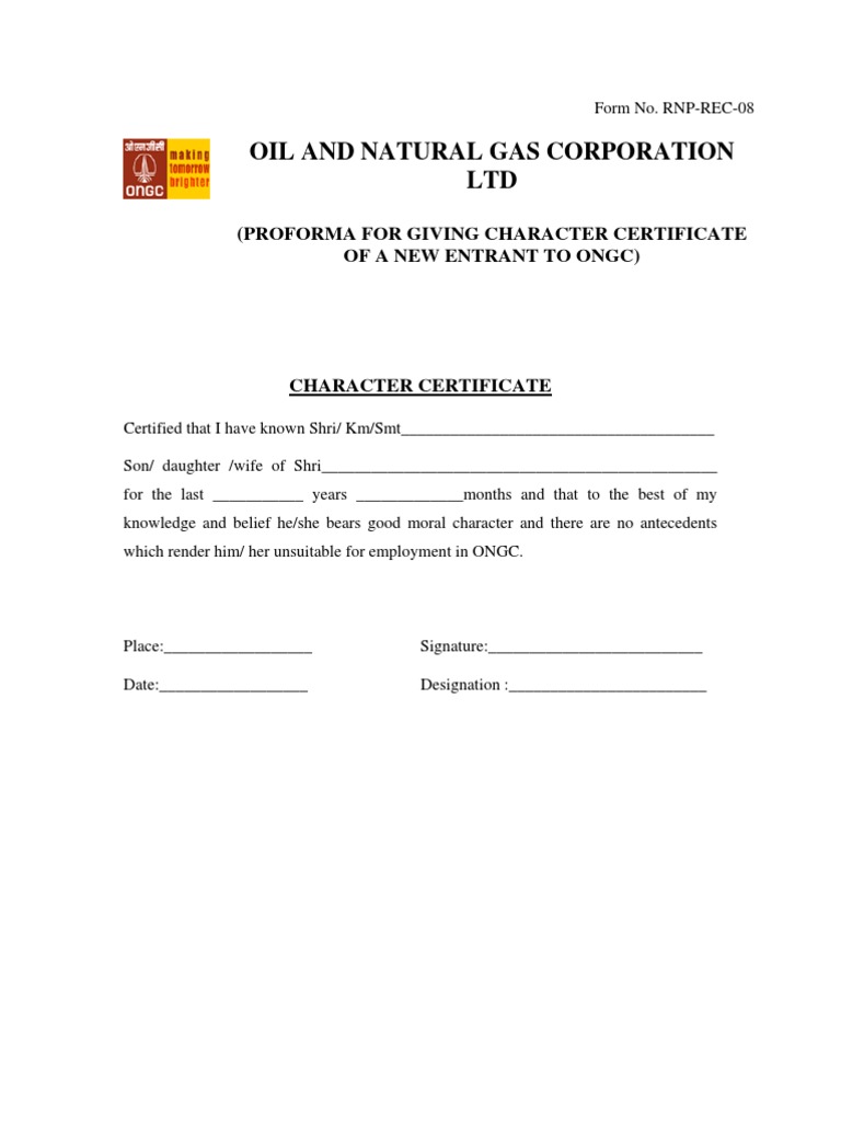 ONGC Character Certificate Format | PDF | Business