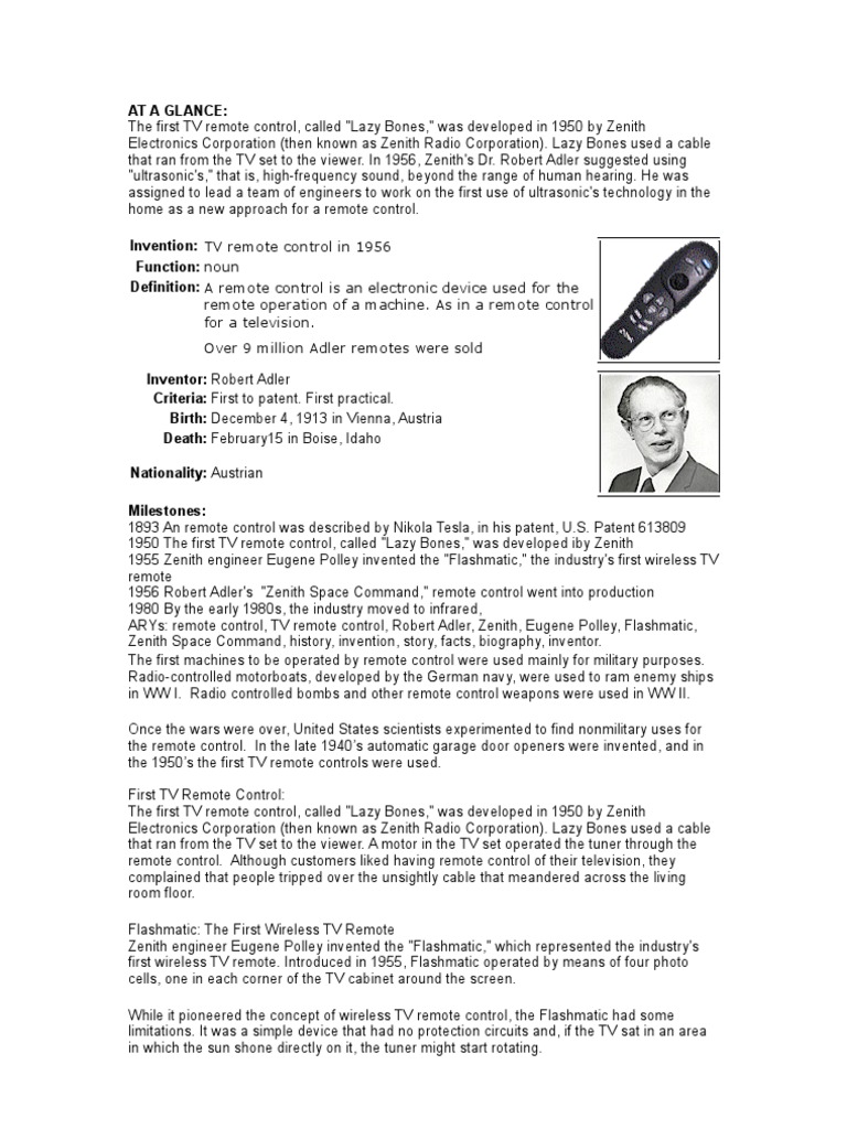 At A GLANCE: The First TV Remote Control, Called | PDF | Remote Control ...