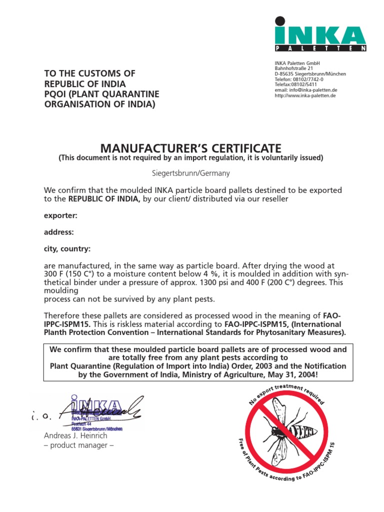 INKA Paletten GmbH Export Certification | PDF
