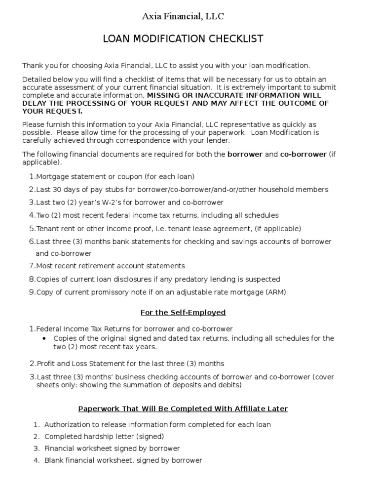 Axia Loan Modification Checklist | PDF | Loans | Mortgage Loan