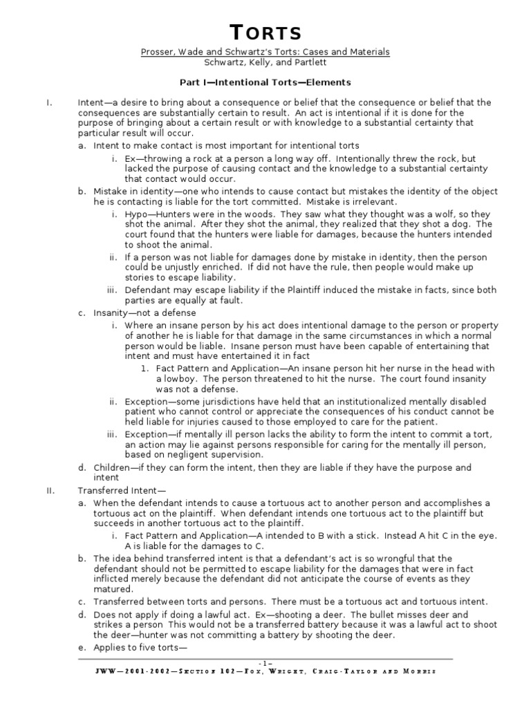 Torts Outline | Conversion (Law) | Standard Of Care