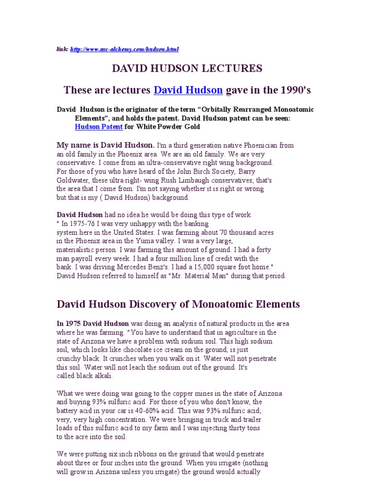 The Discovery of Orbitally Rearranged Monoatomic Elements: David Hudson ...