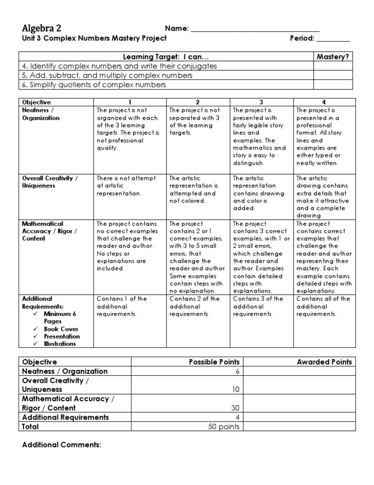 Complex Numbers, Children's Book Rubric