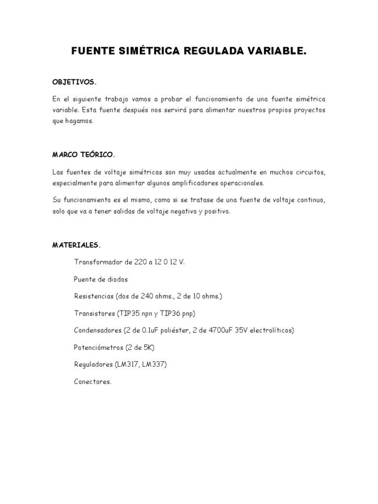 Fuente Simétrica Regulada Variable: Guía Práctica | PDF | Rectificador ...
