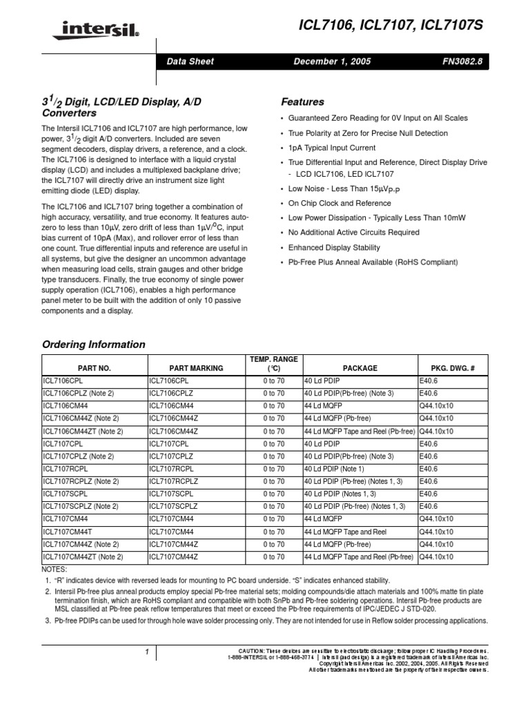 ICL7106 and ICL7107 Voltmeter | PDF | Capacitor | Analog To Digital ...