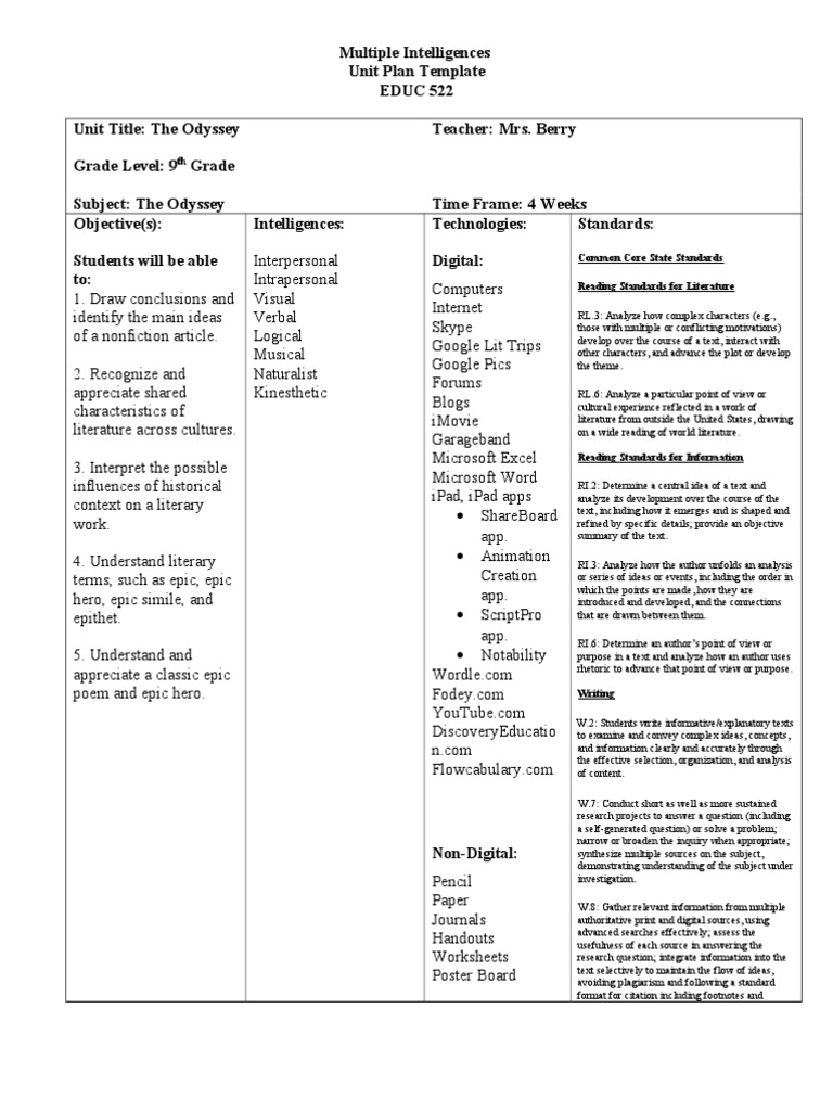 The Odyssey Unit Plan | PDF | Odyssey | Communication