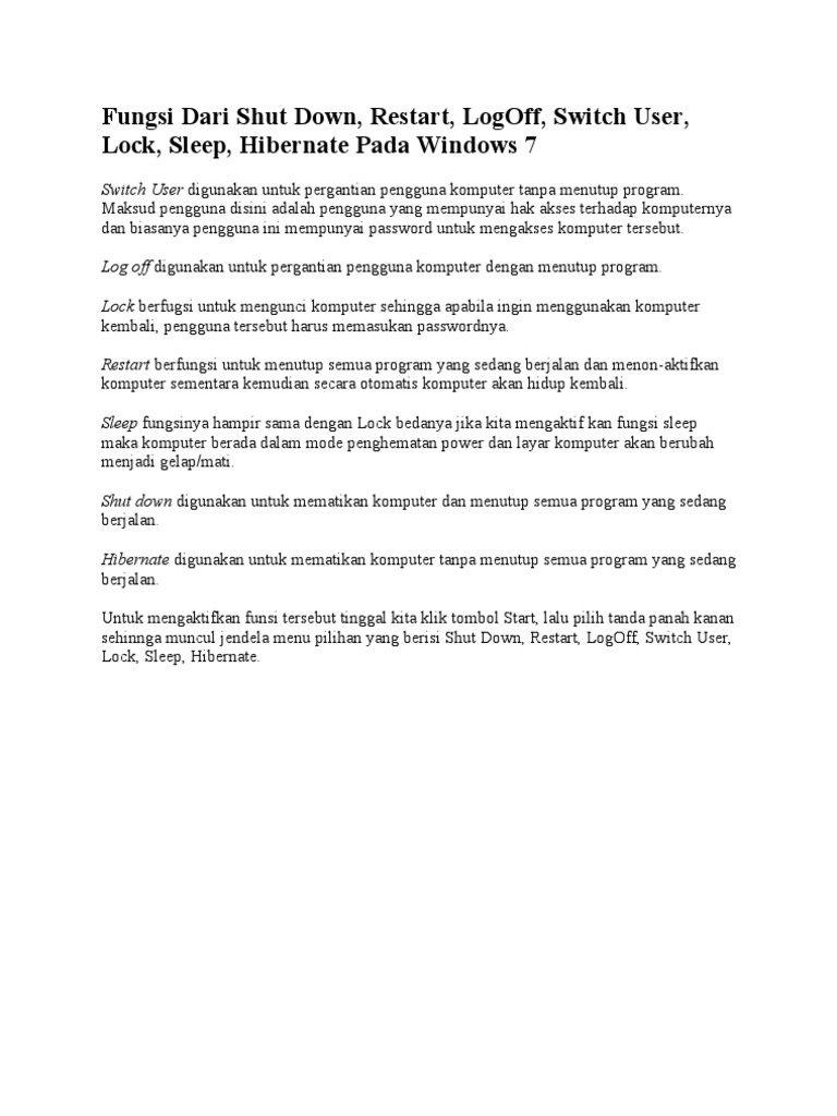 Fungsi Dari Shut Down, Restart, LogOff, Switch User, Lock, Sleep, Hibernate | PDF | Komputer