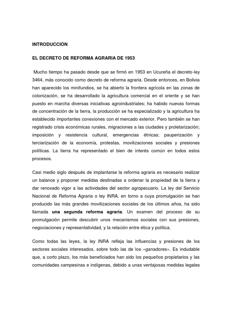 Análisis de la Ley INRA y su impacto en la propiedad de la tierra en ...