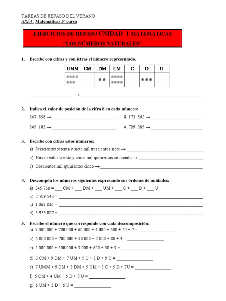 Tareas de Repaso Del Verano Matematicas | PDF | División (Matemáticas ...