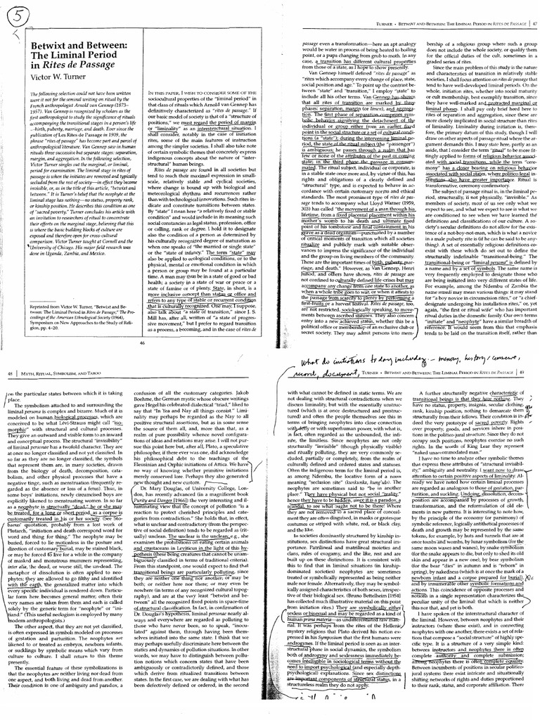 Betwixt and Between. The Liminal Period in Rites de Passage PDF | PDF ...