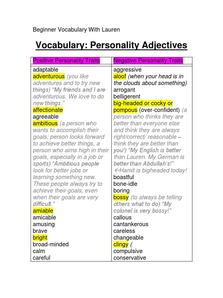 Vocabulary Personality Adjectives | PDF | Personality Traits ...