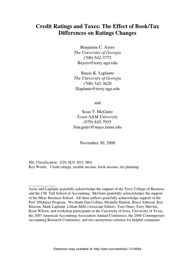 Credit Ratings and Taxes: The Effect of Book/Tax Differences On Ratings ...