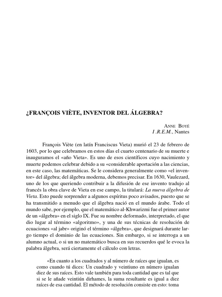 ¿François Viète, Inventor Del Álgebra | PDF | Álgebra | Ecuaciones
