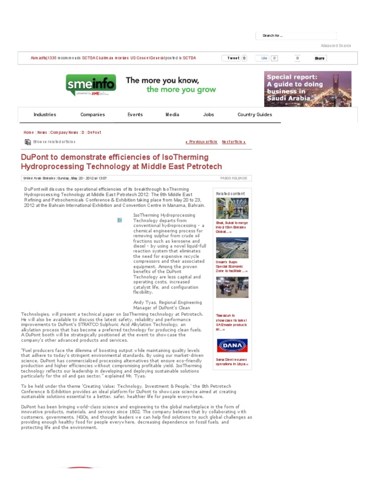 DuPont To Demonstrate Efficiencies of IsoTherming Hydroprocessing Technology at Middle East ...