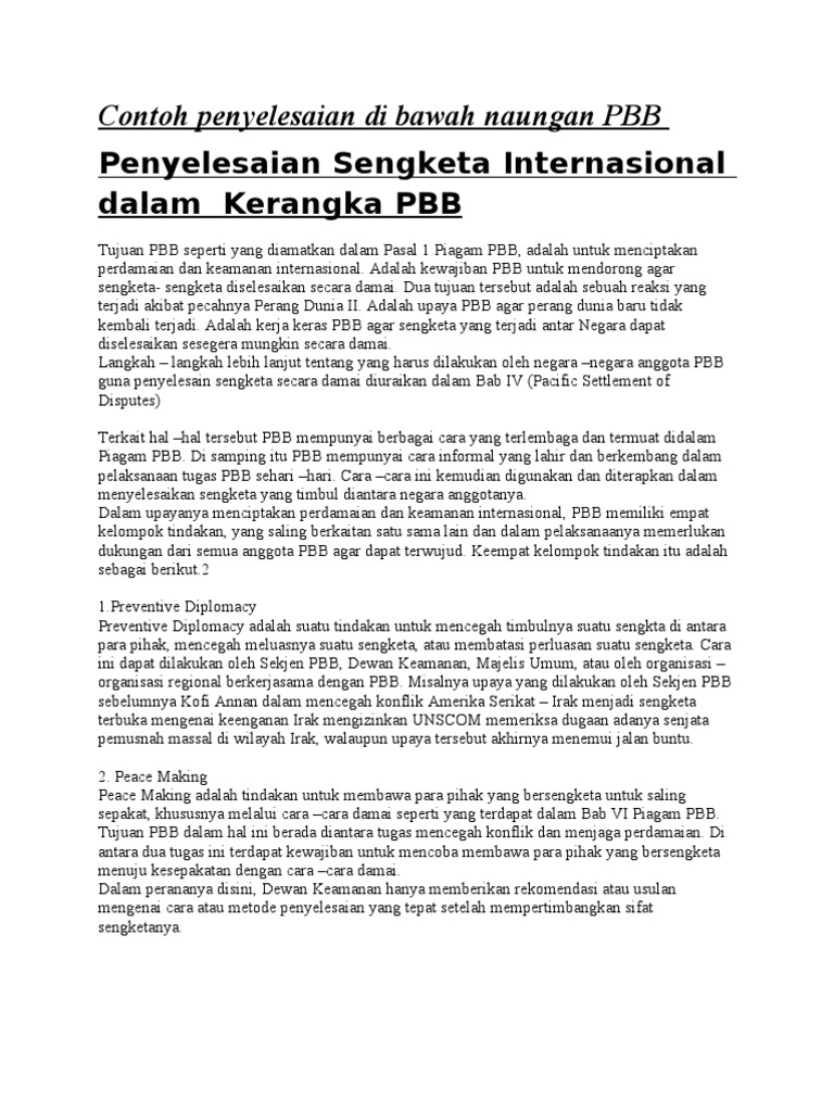 Contoh Penyelesaian Di Bawah Naungan PBB | PDF