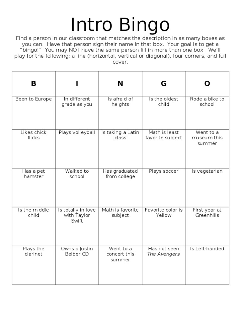 Intro Bingo | PDF