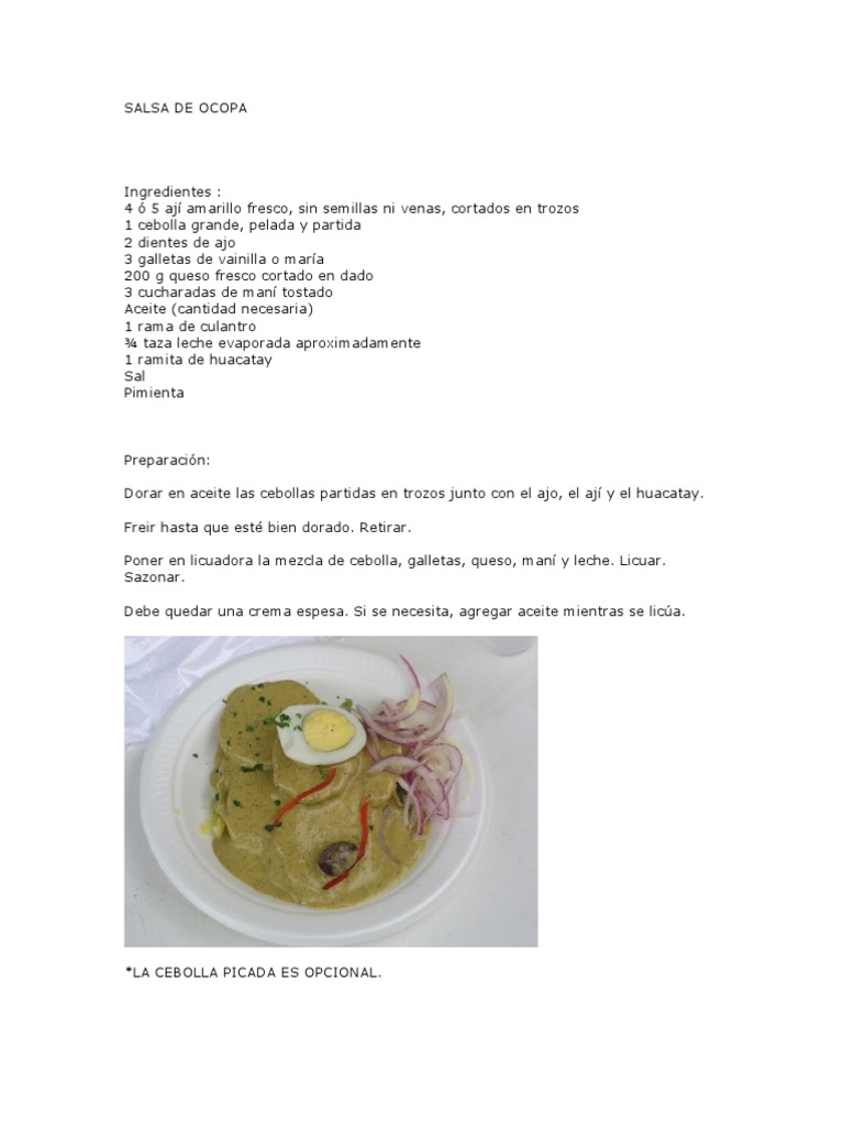 Receta de Salsa de Ocopa Peruana | PDF | Comida y bebida | Alimentos