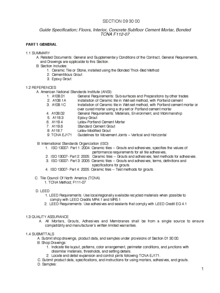 Guide Specification Floors, Interior, Concrete Subfloor Cement Mortar ...