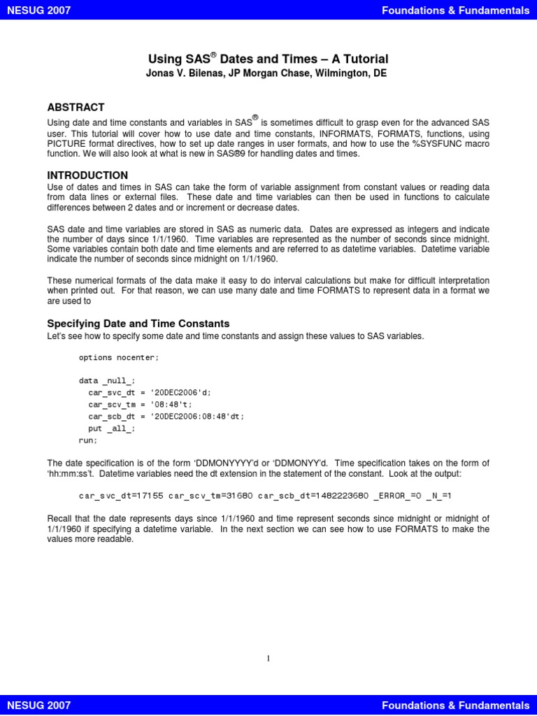 Using Sas® Dates And Times A Tutorial Pdf Parameter Computer