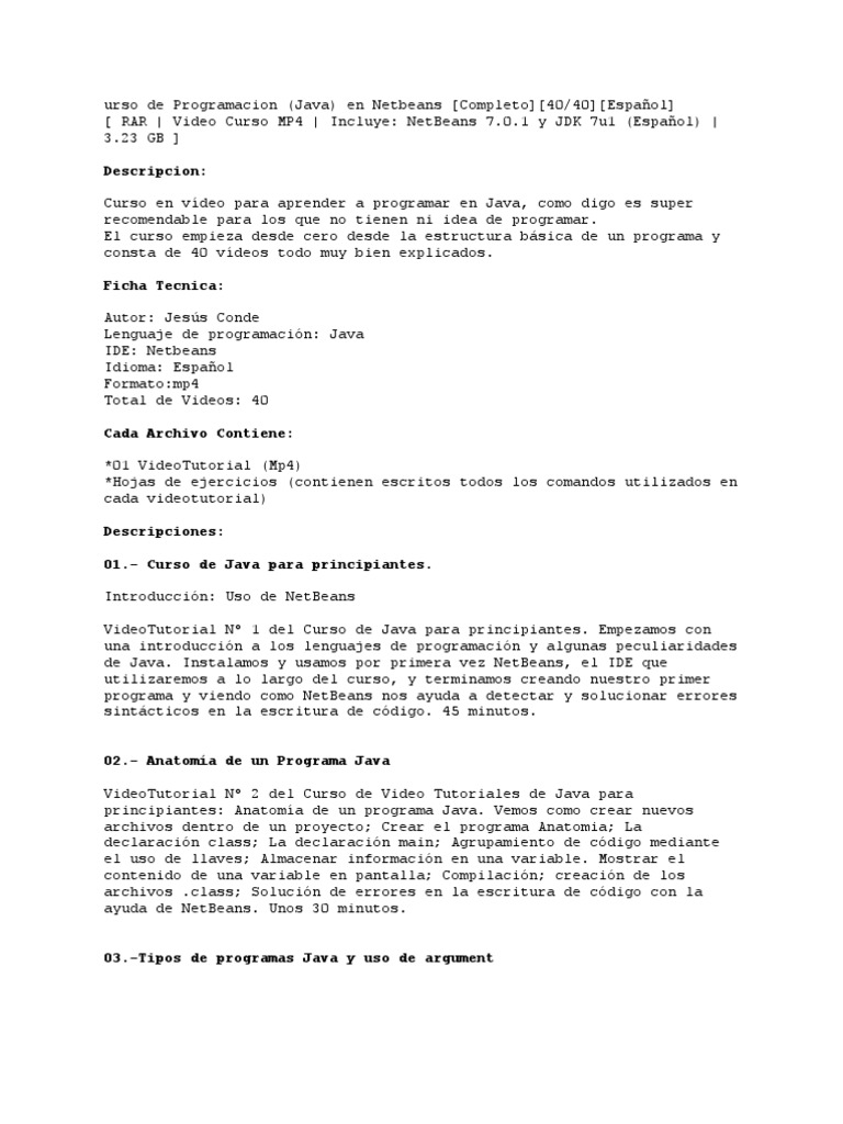 Indice Del Curso JAVA-NETBEANS | PDF | Páginas del servidor Java | Java (lenguaje de programación)
